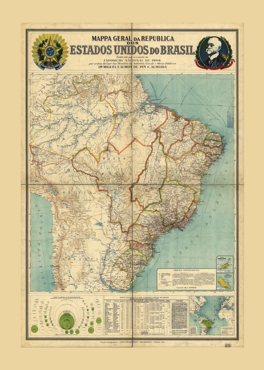 'Map of Brazil 1908' Poster, picture, metal print, paint by Janice M ...