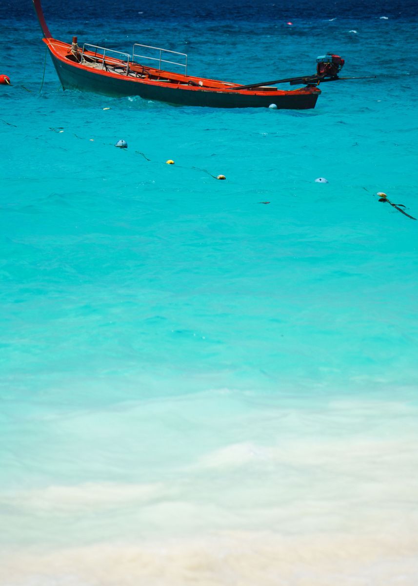 'Red Boat On Beautiful Blue' Poster by Stunning Wallpapers | Displate