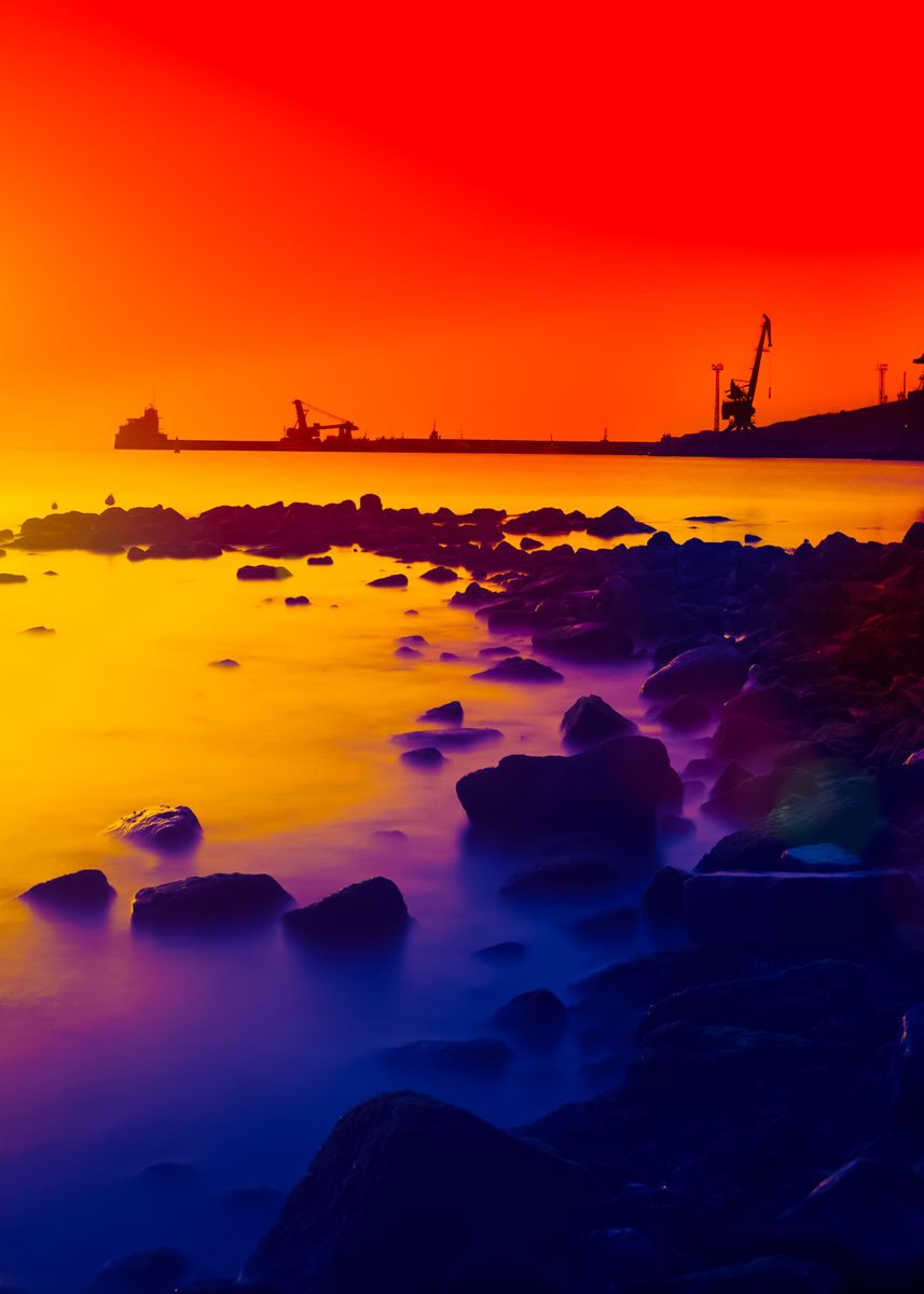 'Red Sunset Over Stone Beac' Poster, picture, metal print, paint by ...