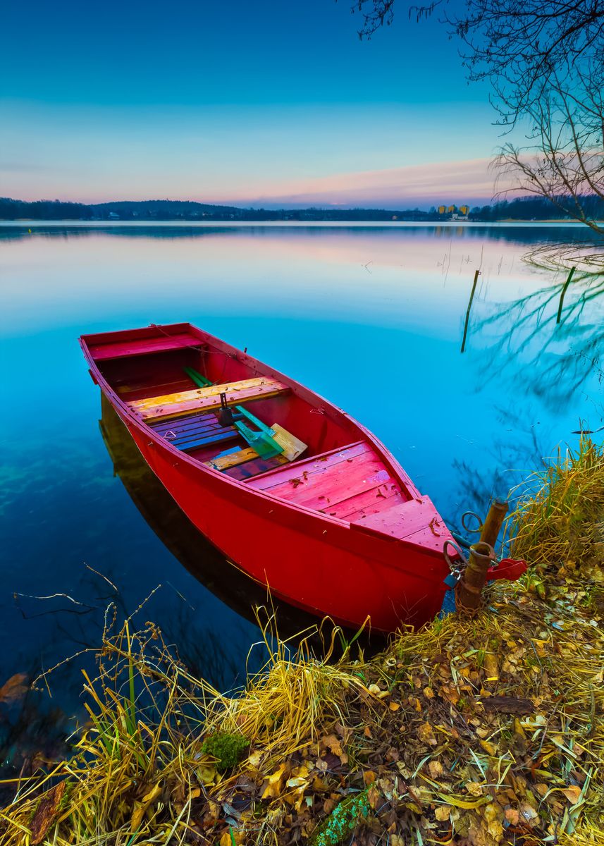 'Lake Landscape With Boat' Poster, picture, metal print, paint by ...