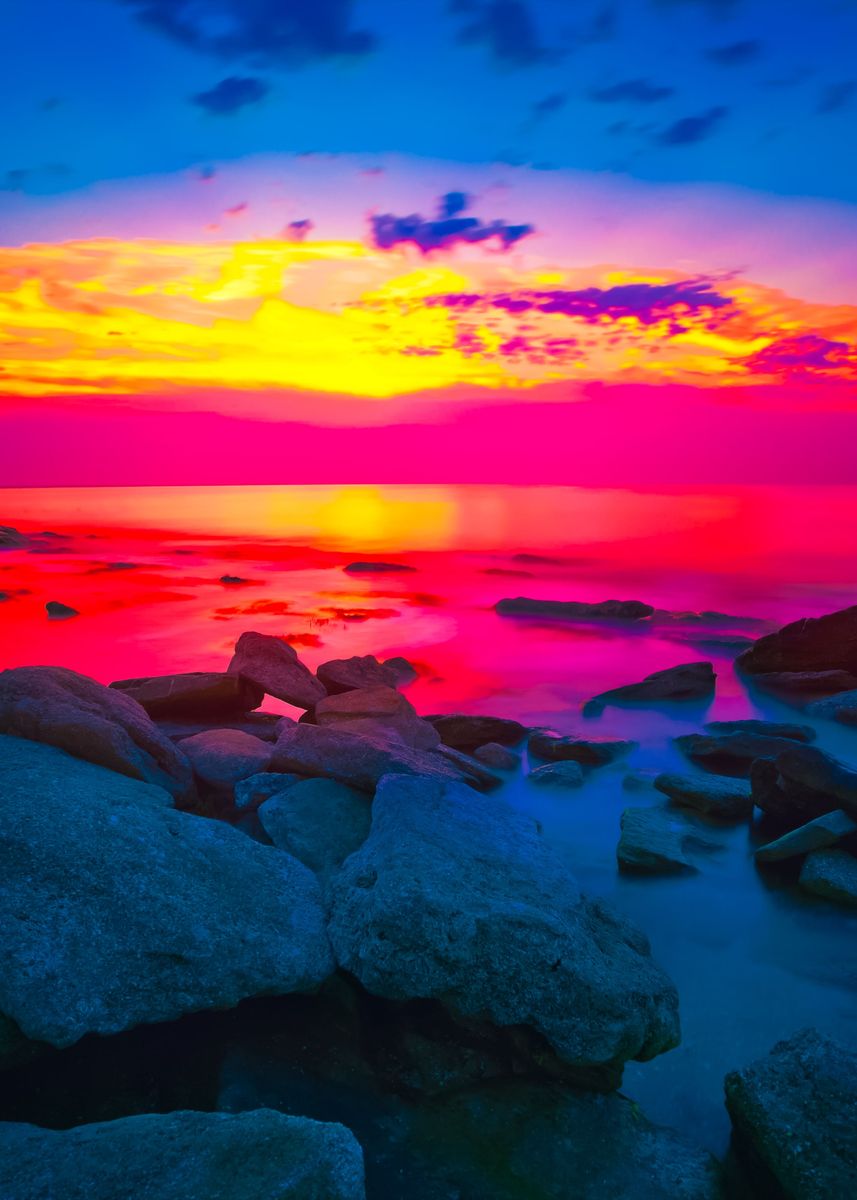 'Sunset Over Rocky Coast' Poster, picture, metal print, paint by ...