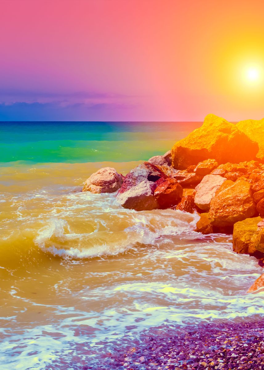 'Sunset Over Rocky Coast' Poster, picture, metal print, paint by ...