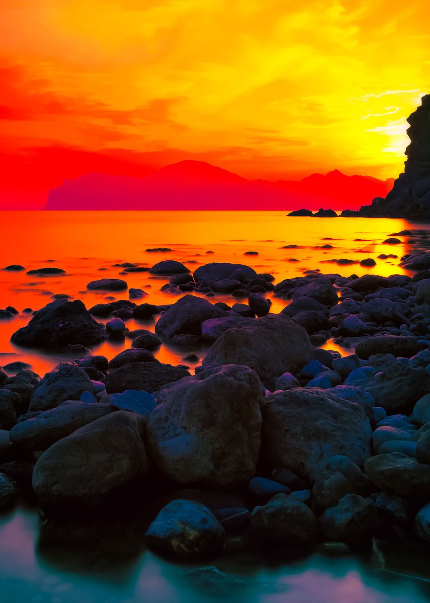 'Sunset Over Rocky Coast' Poster, picture, metal print, paint by ...