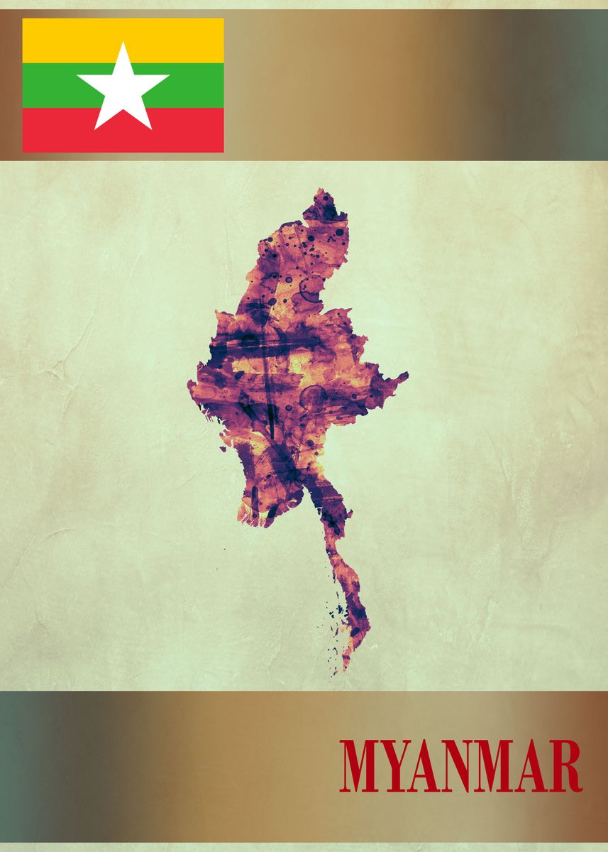 'Myanmar Map with Flag' Poster, picture, metal print, paint by Towseef ...