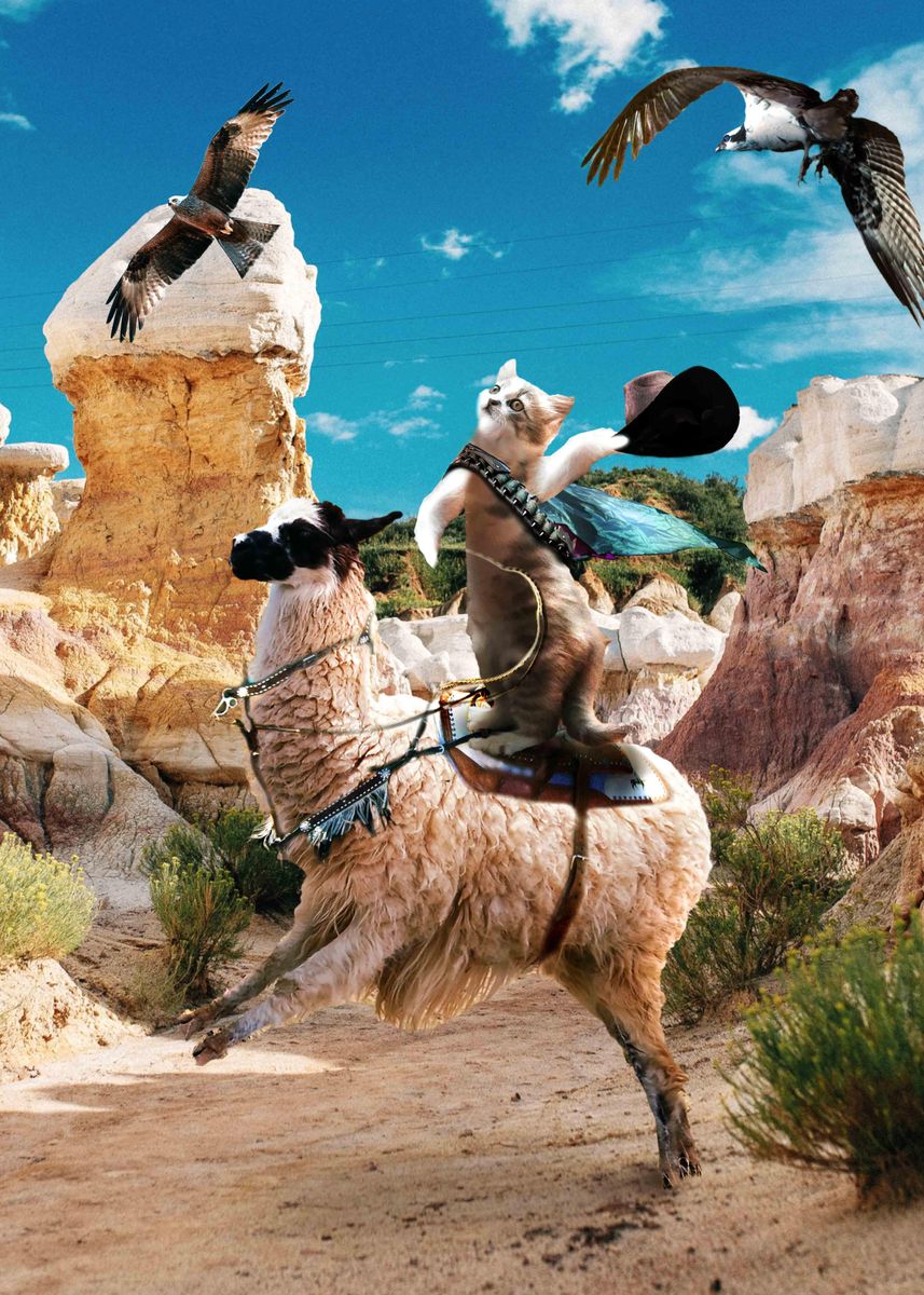 'Cat Riding Llama' Poster, picture, metal print, paint by Random Galaxy ...