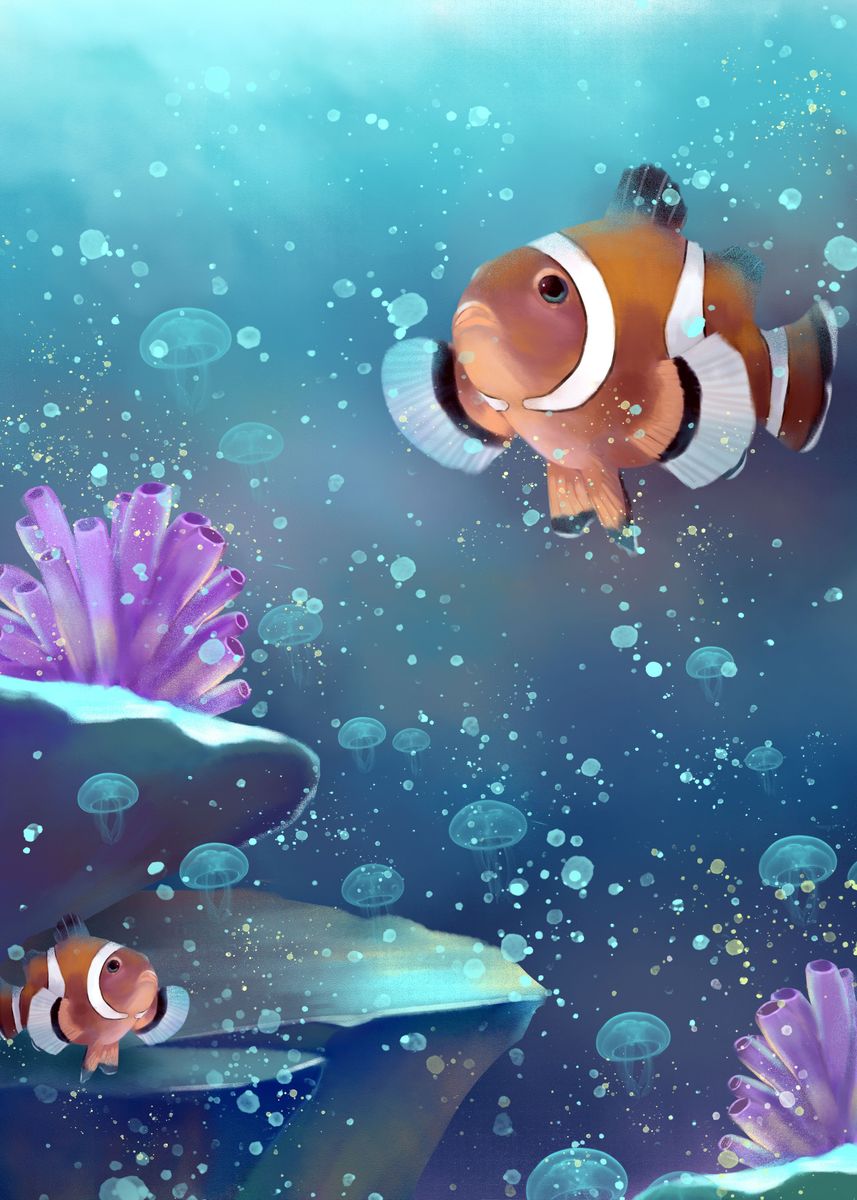 'Clownfish Fish jellyfish' Poster, picture, metal print, paint by Max ...
