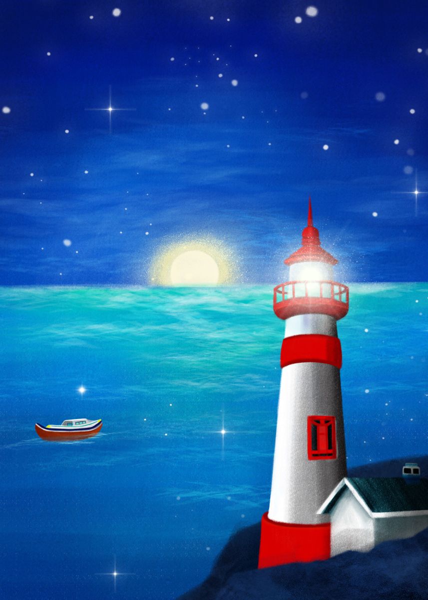 'Lighthouse shining at sea' Poster, picture, metal print, paint by Max ...