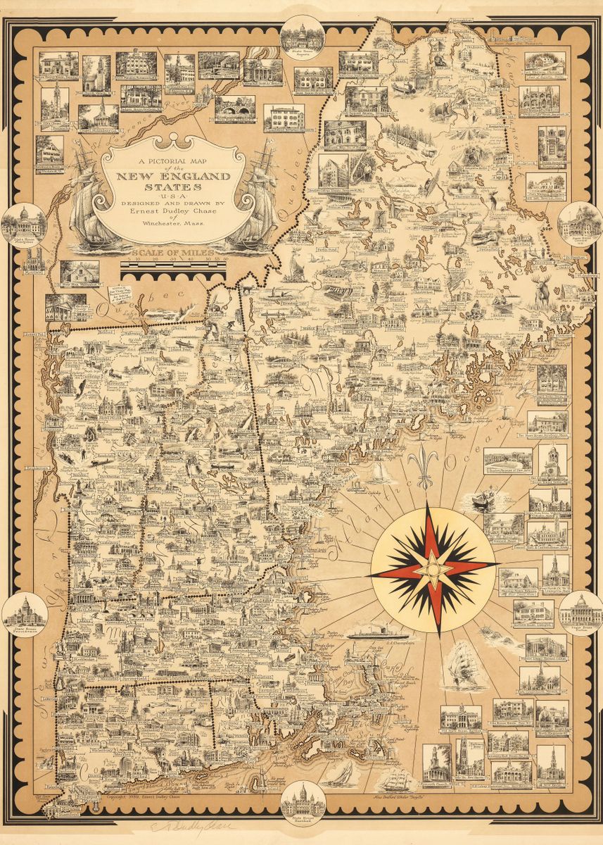 'Vintage map of New England' Poster, picture, metal print, paint by ...