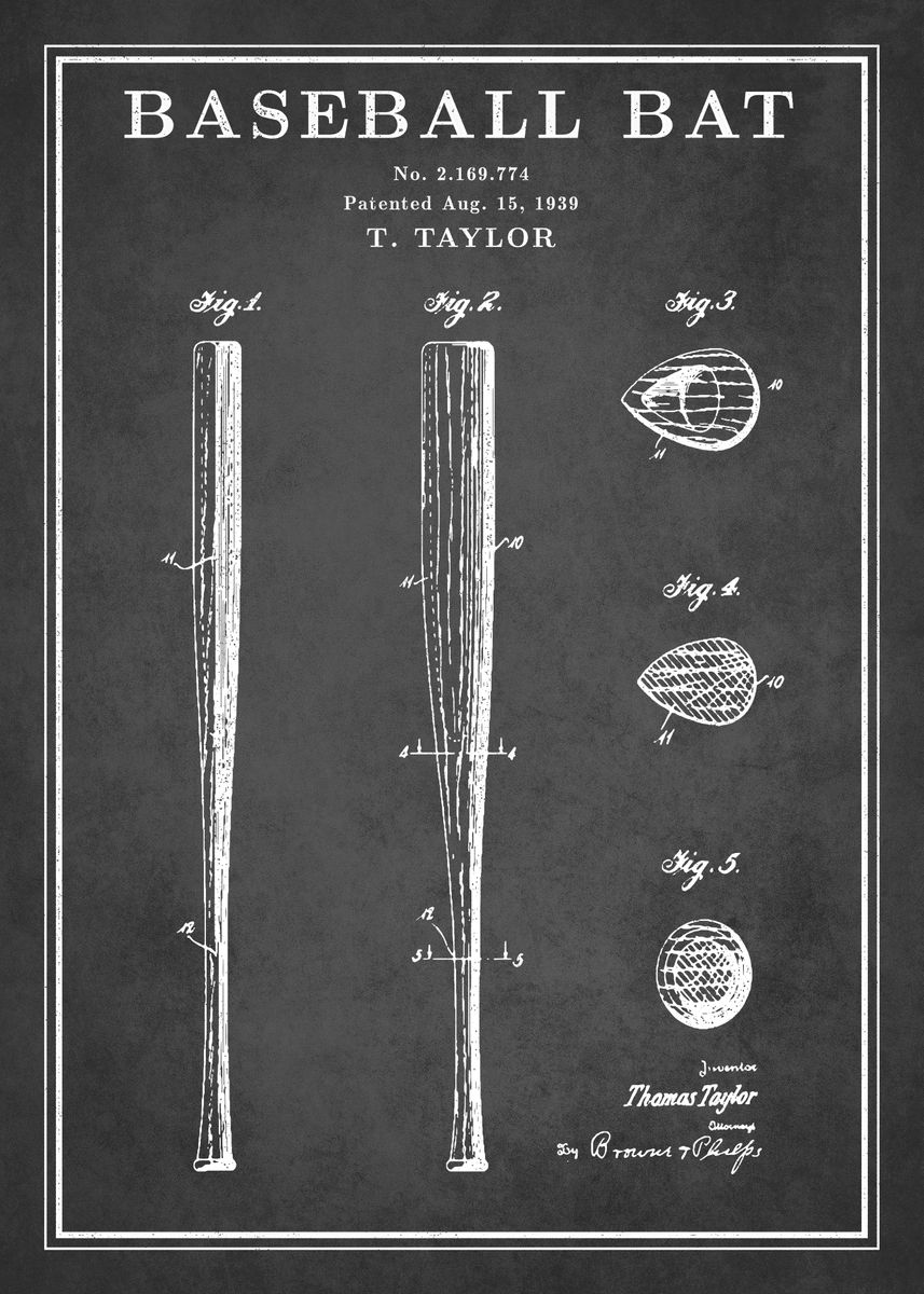 'Baseball Bat Patent Print' Poster, picture, metal print, paint by ...