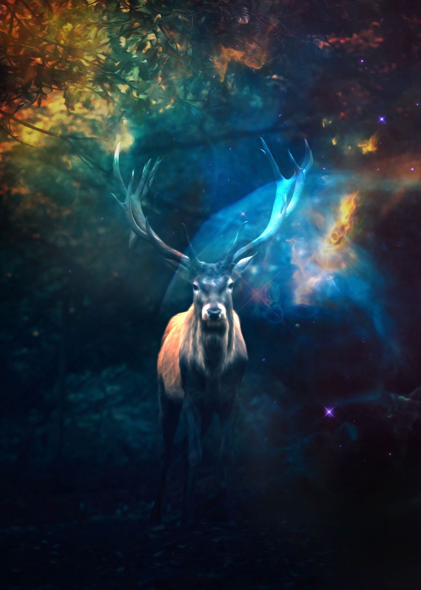 'Deer by the universe' Poster, picture, metal print, paint by ...