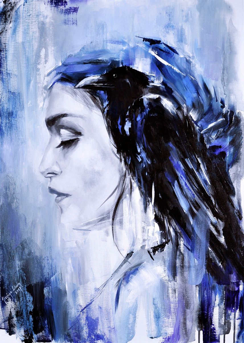 'Woman wit a Crow artwork' Poster, picture, metal print, paint by ...
