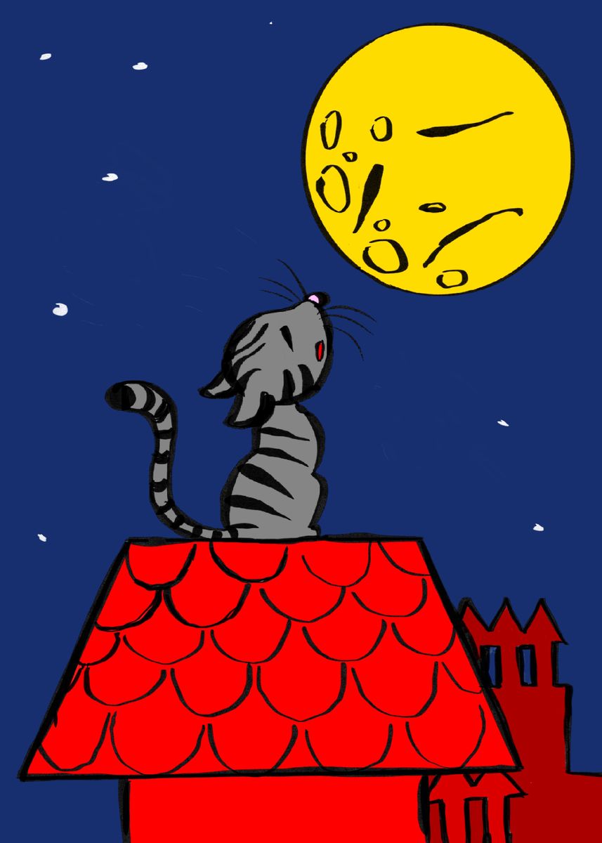 'The cat mewing at the moon' Poster, picture, metal print, paint by ...