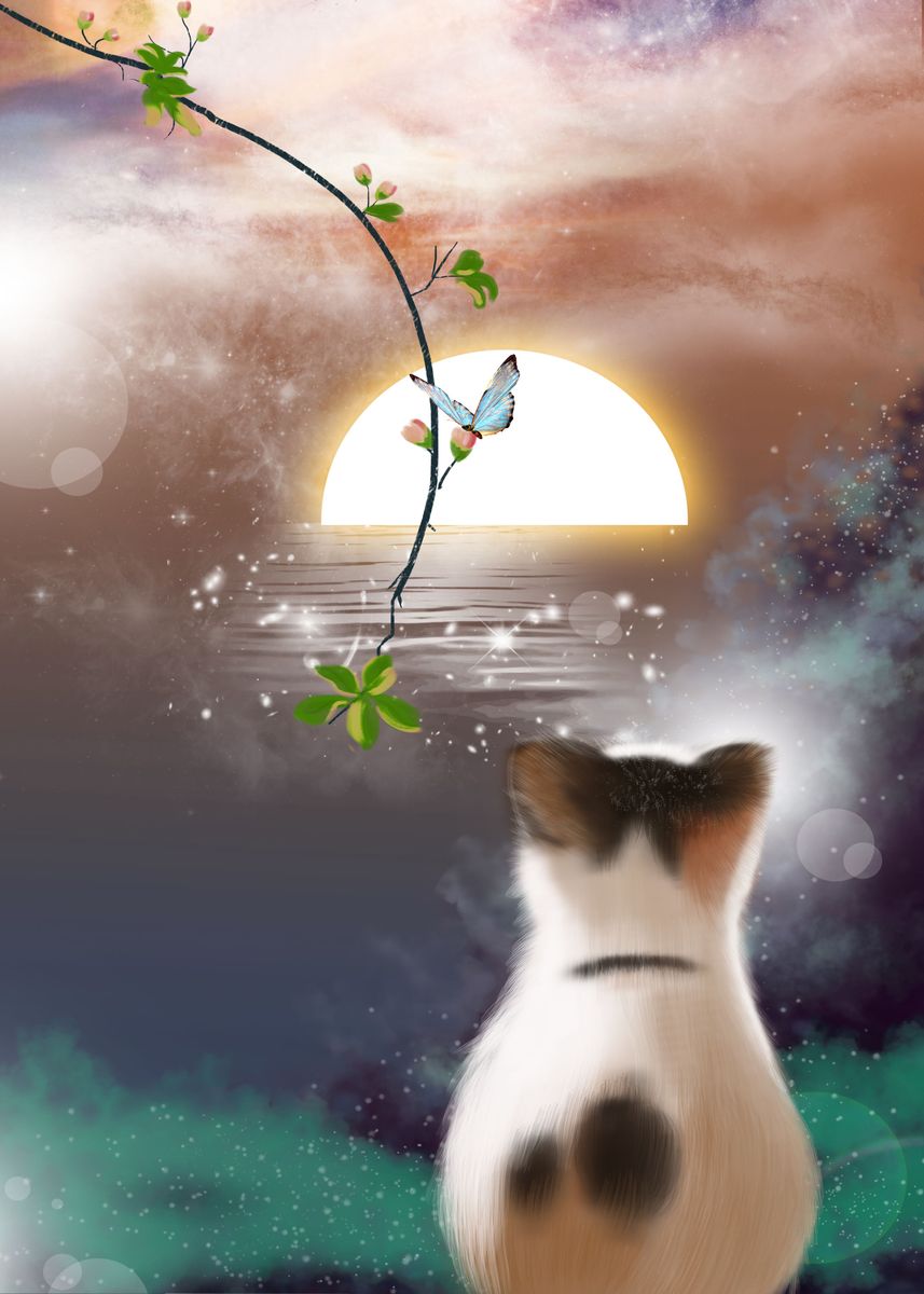 'Cat looking at the sunset' Poster, picture, metal print, paint by Max ...