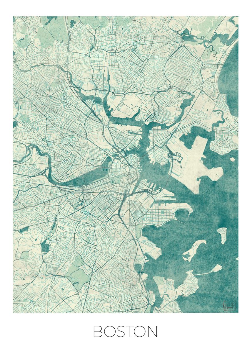 'Boston Map Blue' Poster, picture, metal print, paint by Hubert Roguski ...