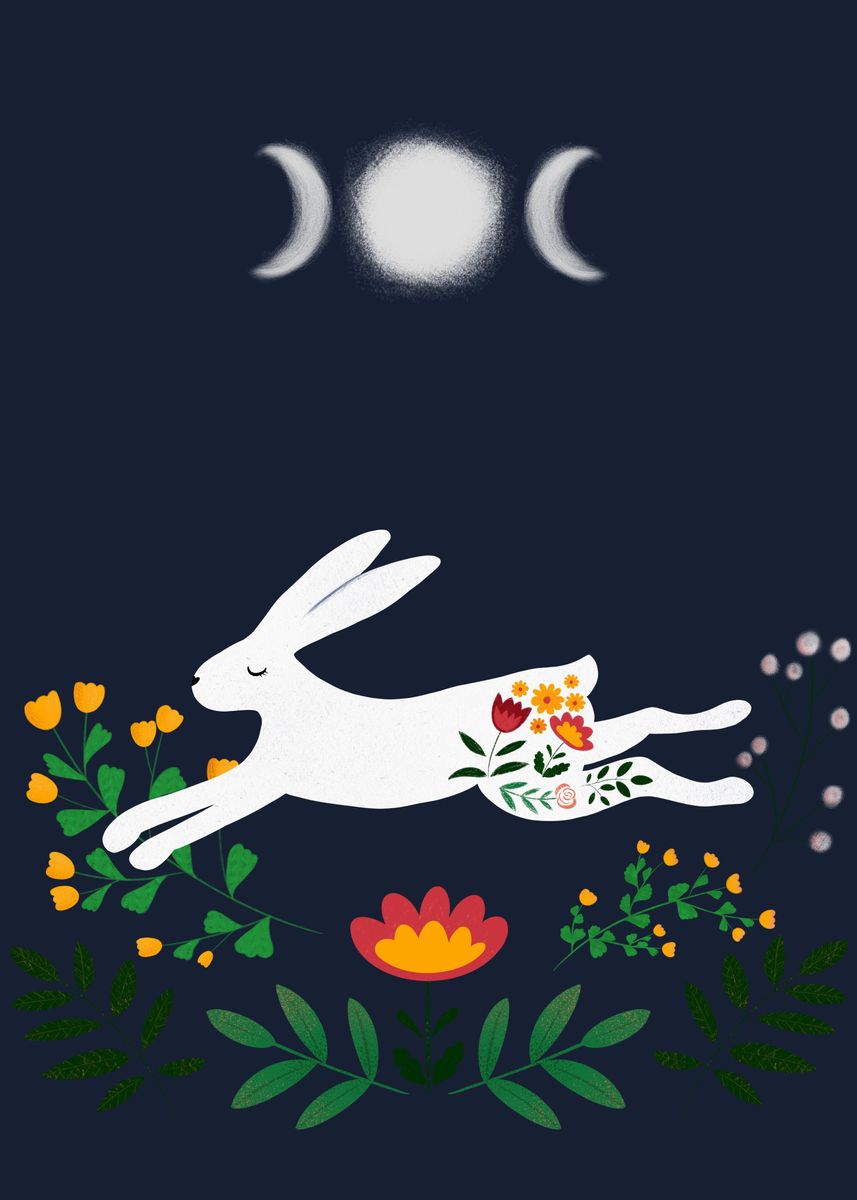 'Leaping Hare Folk Art' Poster, picture, metal print, paint by ...