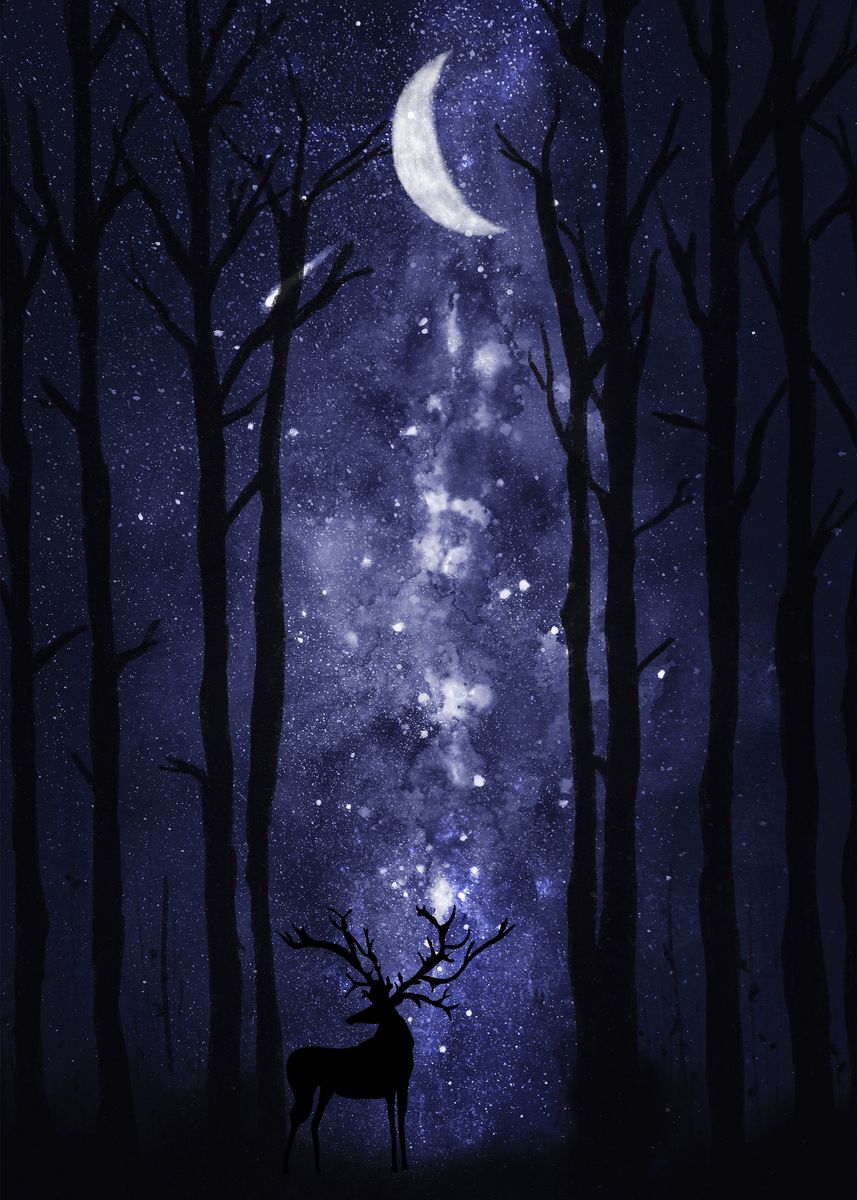 'Starry Night and Moon' Poster, picture, metal print, paint by Moon ...