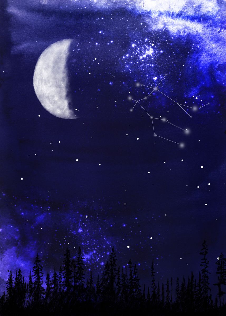 'Starry Night and Moon' Poster, picture, metal print, paint by Moon ...
