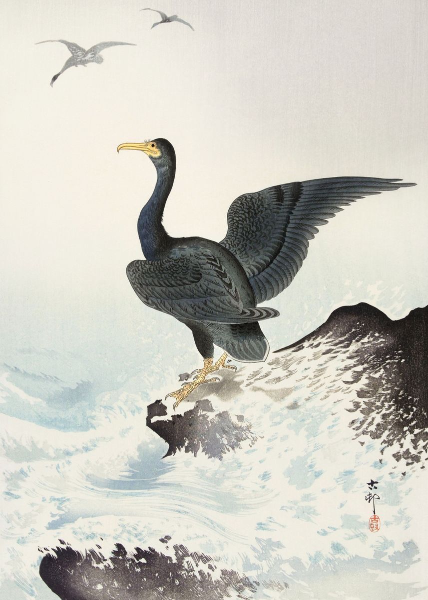 'Cormorants at sea woodcut' Poster, picture, metal print, paint by ...
