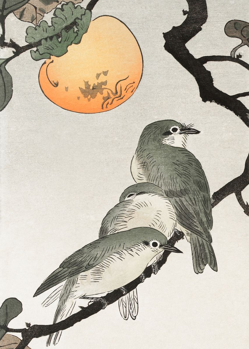 'Birds on kaki tree woodcut' Poster, picture, metal print, paint by ...