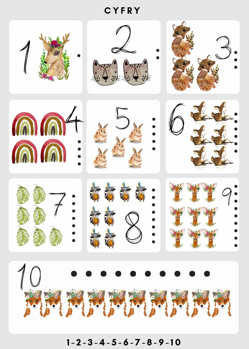 'forest animals numbers set' Poster, picture, metal print, paint by ...