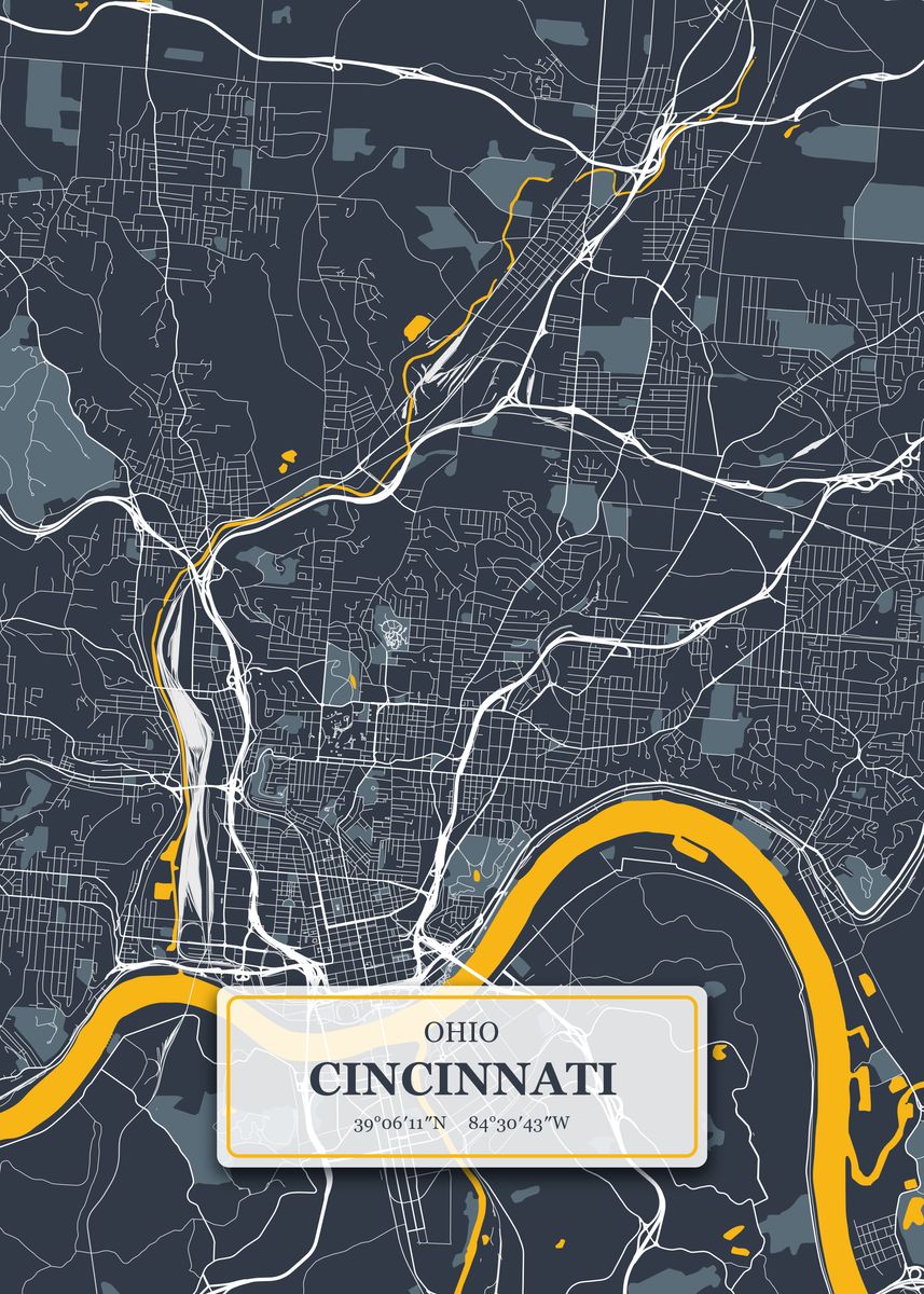 'Cincinnati Ohio City Map ' Poster, picture, metal print, paint by Dany ...