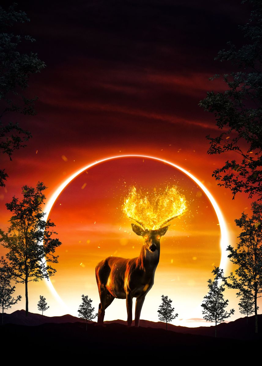 'Fire Deer' Poster, picture, metal print, paint by AlexGraphex | Displate