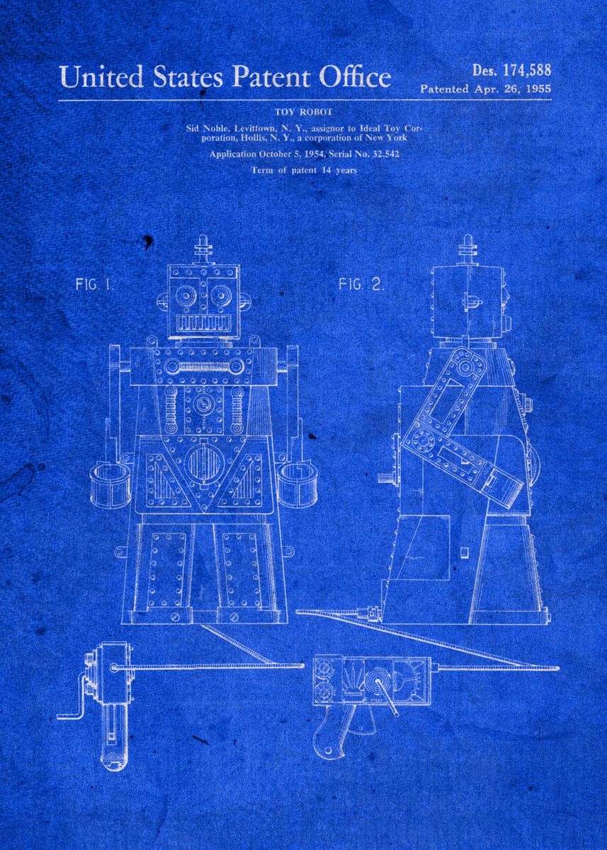 'Toy Robot Patent Blueprint' Poster, picture, metal print, paint by ...