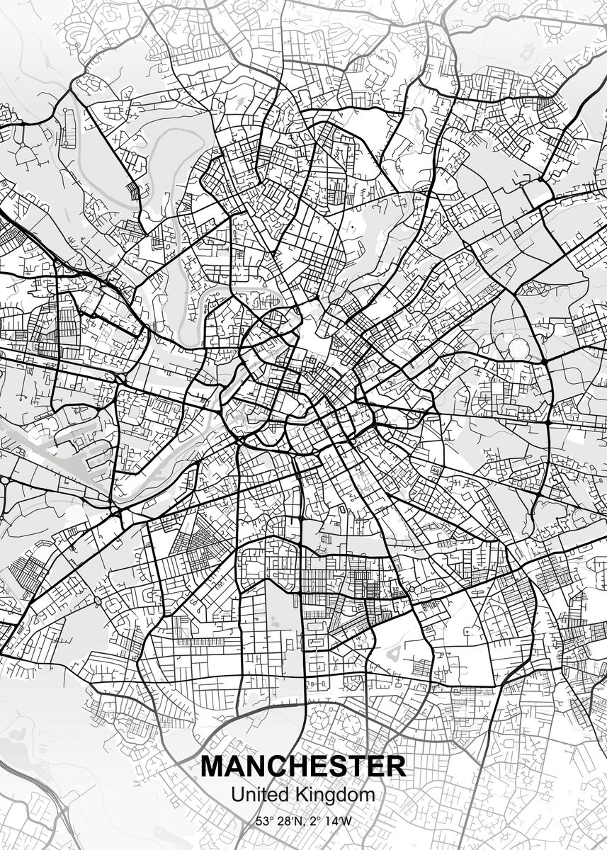 'manchester city map white' Poster, picture, metal print, paint by ...