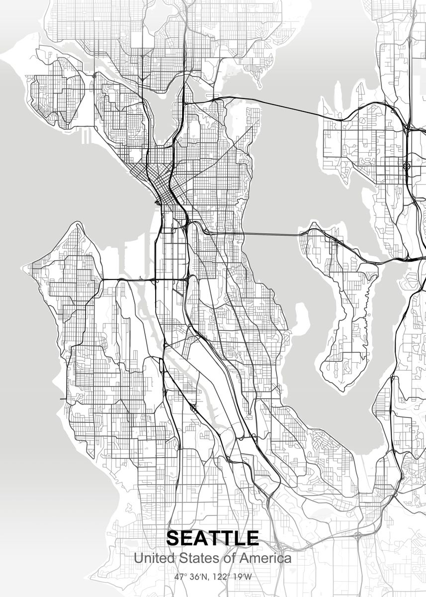 'seattle city map white ' Poster, picture, metal print, paint by ...