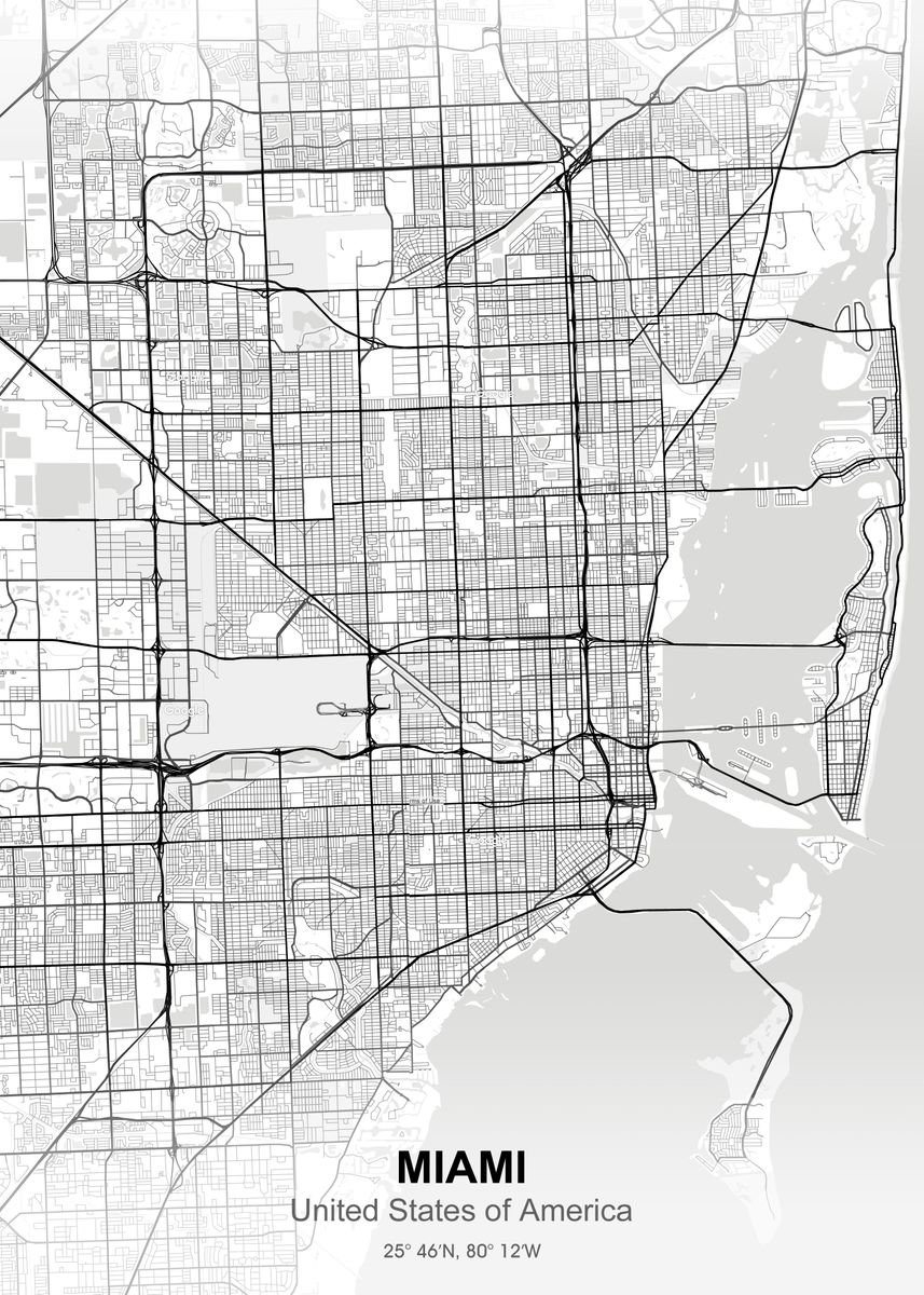 'miami city map white' Poster, picture, metal print, paint by Project X ...