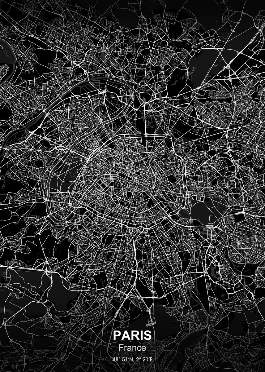 'paris city map black' Poster, picture, metal print, paint by Project X ...