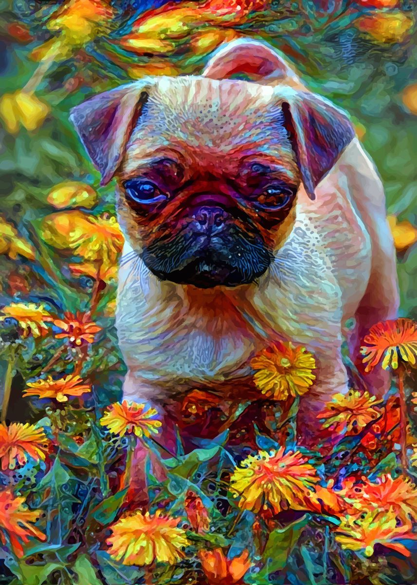 'Pug in Flowers' Poster, picture, metal print, paint by Geny Apol ...
