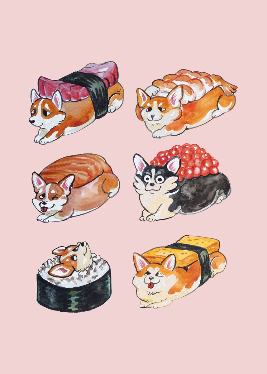 'Sushi Corgi Watercolor' Poster, picture, metal print, paint by Chalermphol Harnchakkham | Displate