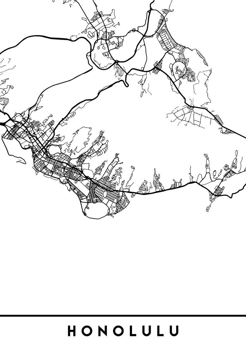 'Honolulu Map Hawaii Black' Poster, picture, metal print, paint by ...