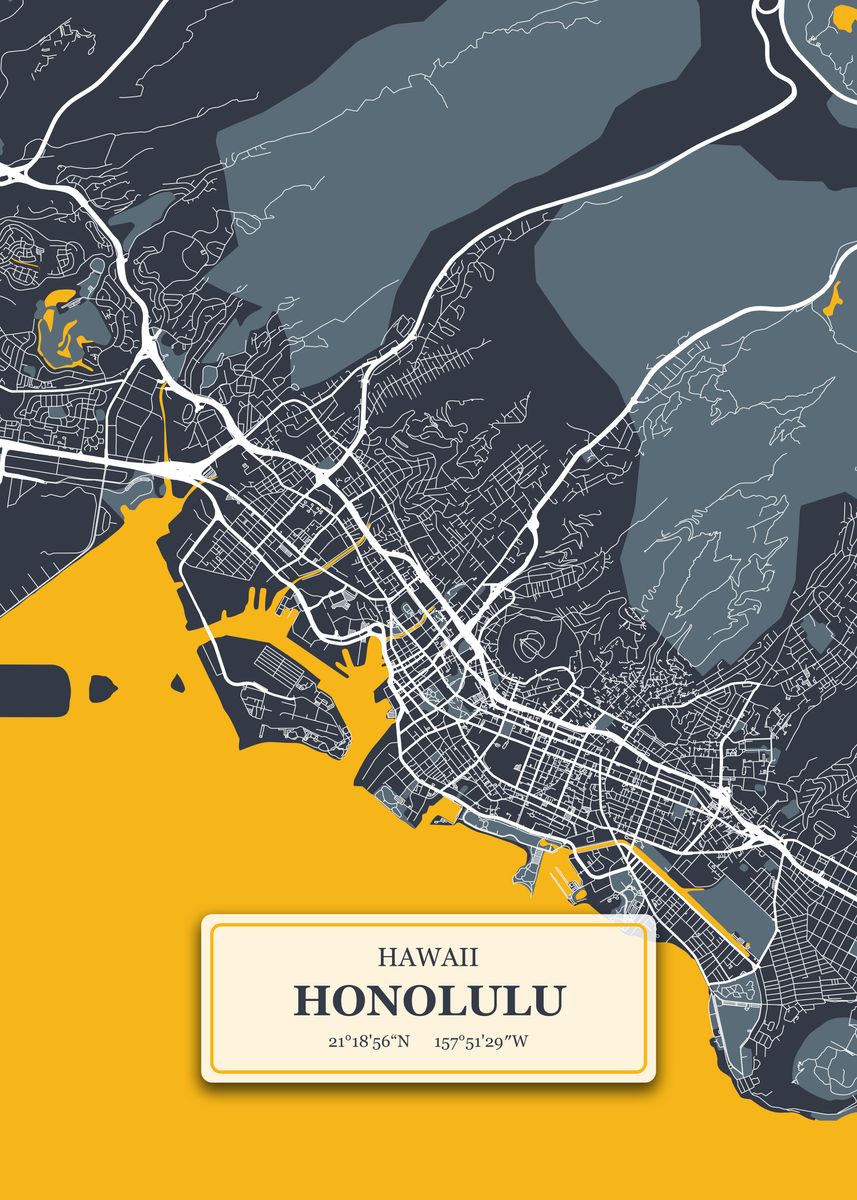 'Honolulu Hawaii City Map w' Poster, picture, metal print, paint by ...