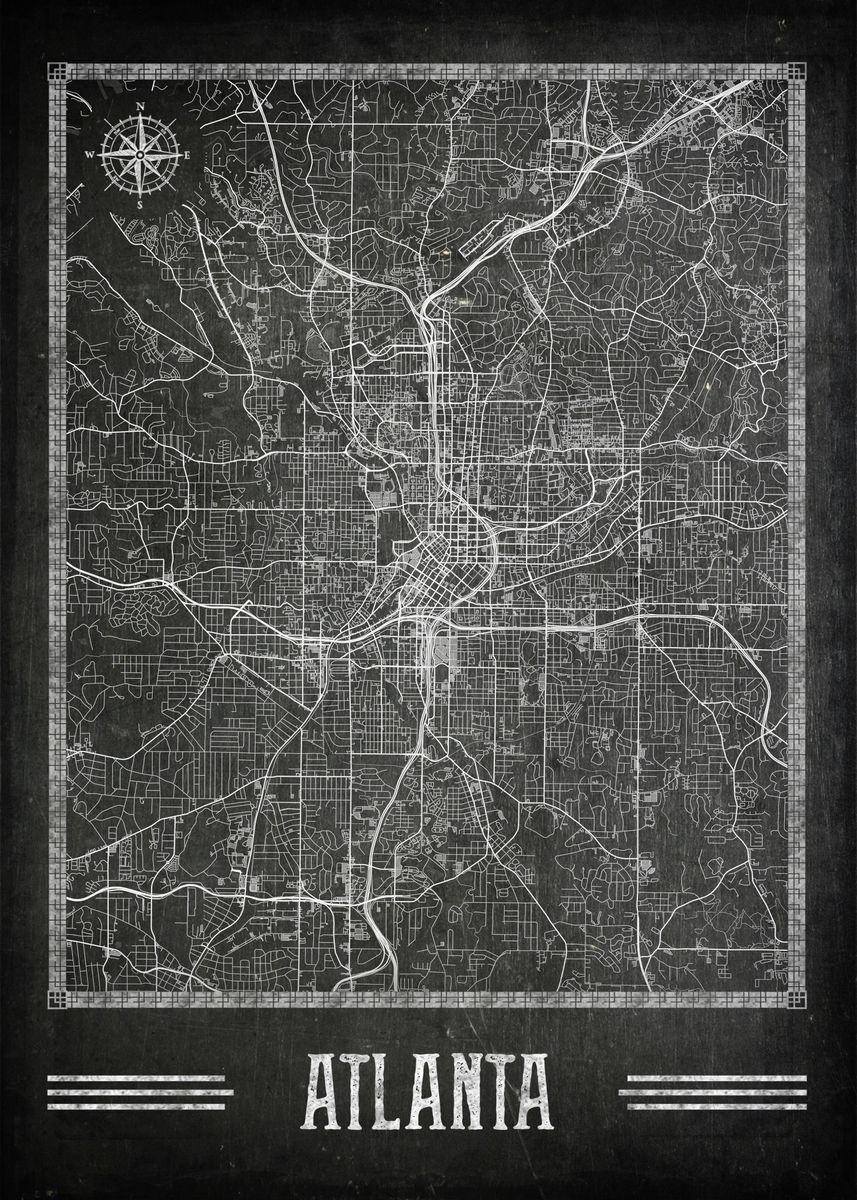 'Atlanta chalkboard map' Poster, picture, metal print, paint by Yak Yak ...