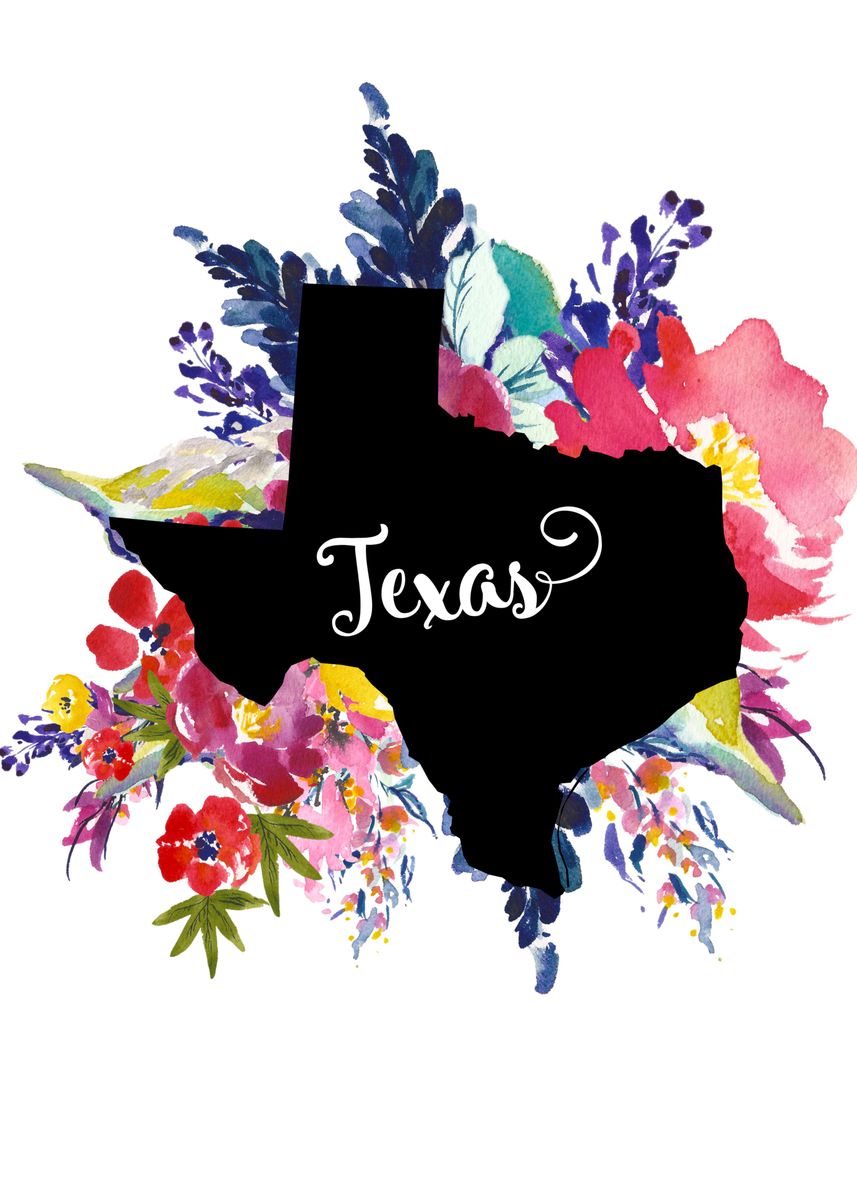 'floral Texas map USA' Poster, picture, metal print, paint by ...