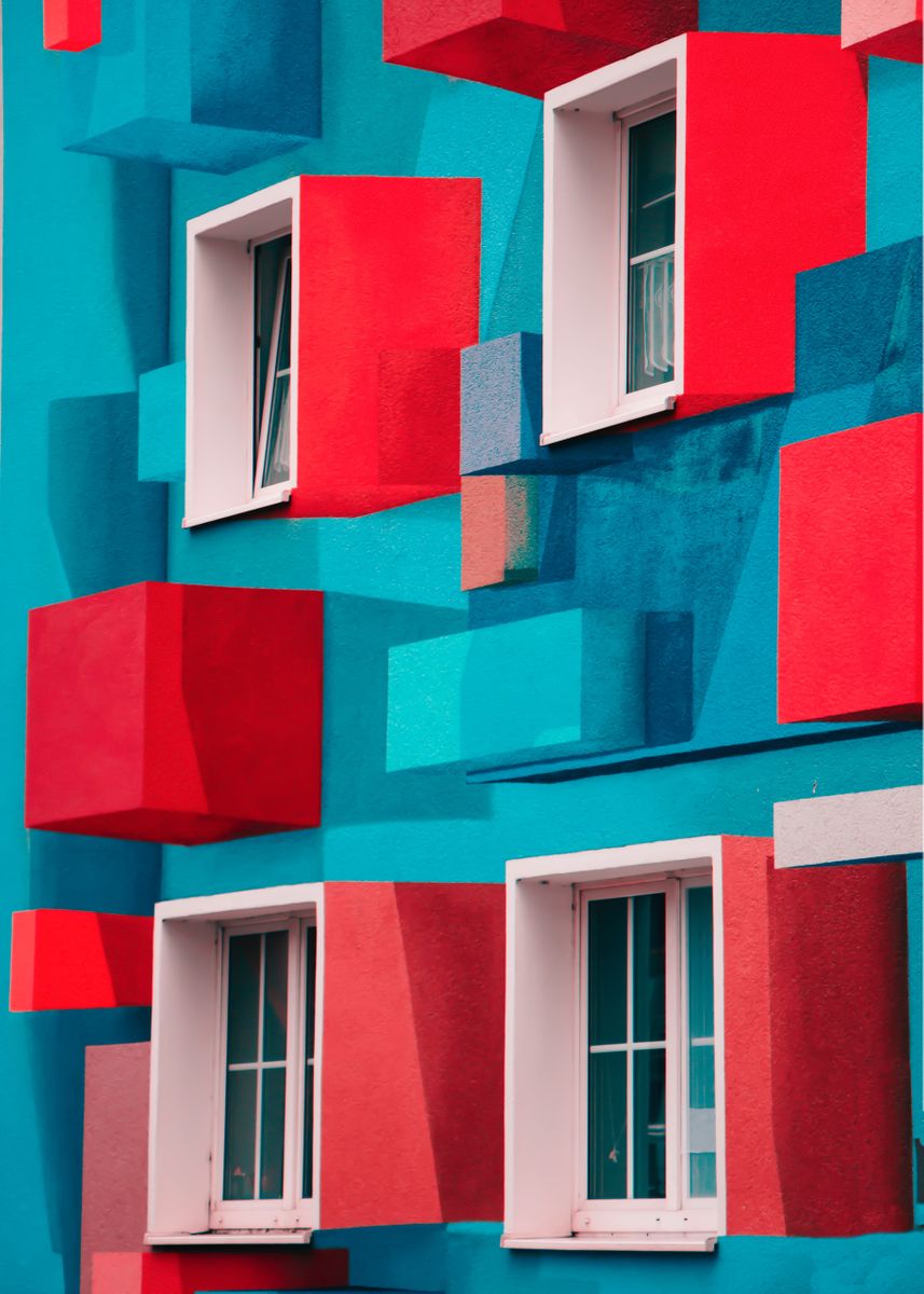 'Red and blue building' Poster, picture, metal print, paint by ...