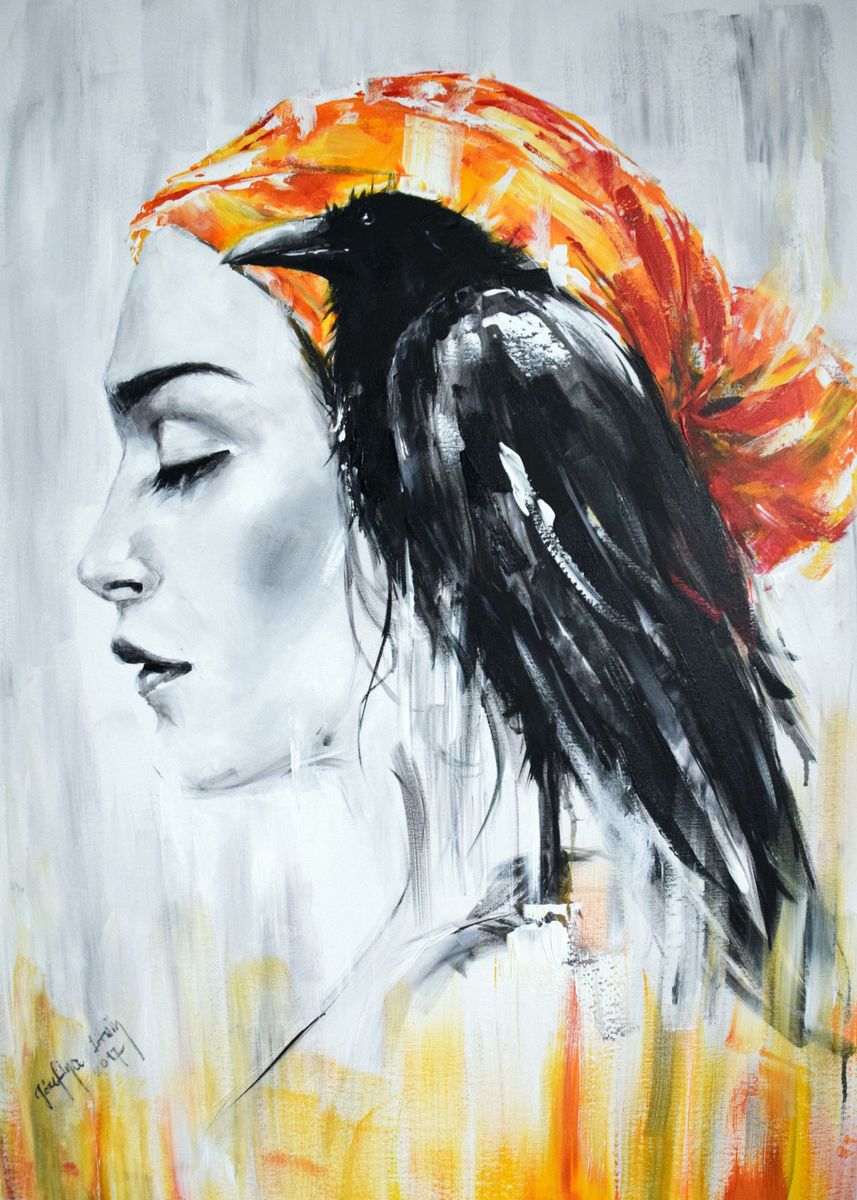 'Woman with a Crow portrait' Poster, picture, metal print, paint by ...