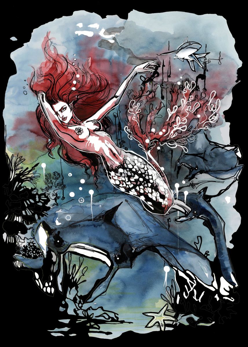 'Dangerous Mermaid' Poster, picture, metal print, paint by nilya | Displate