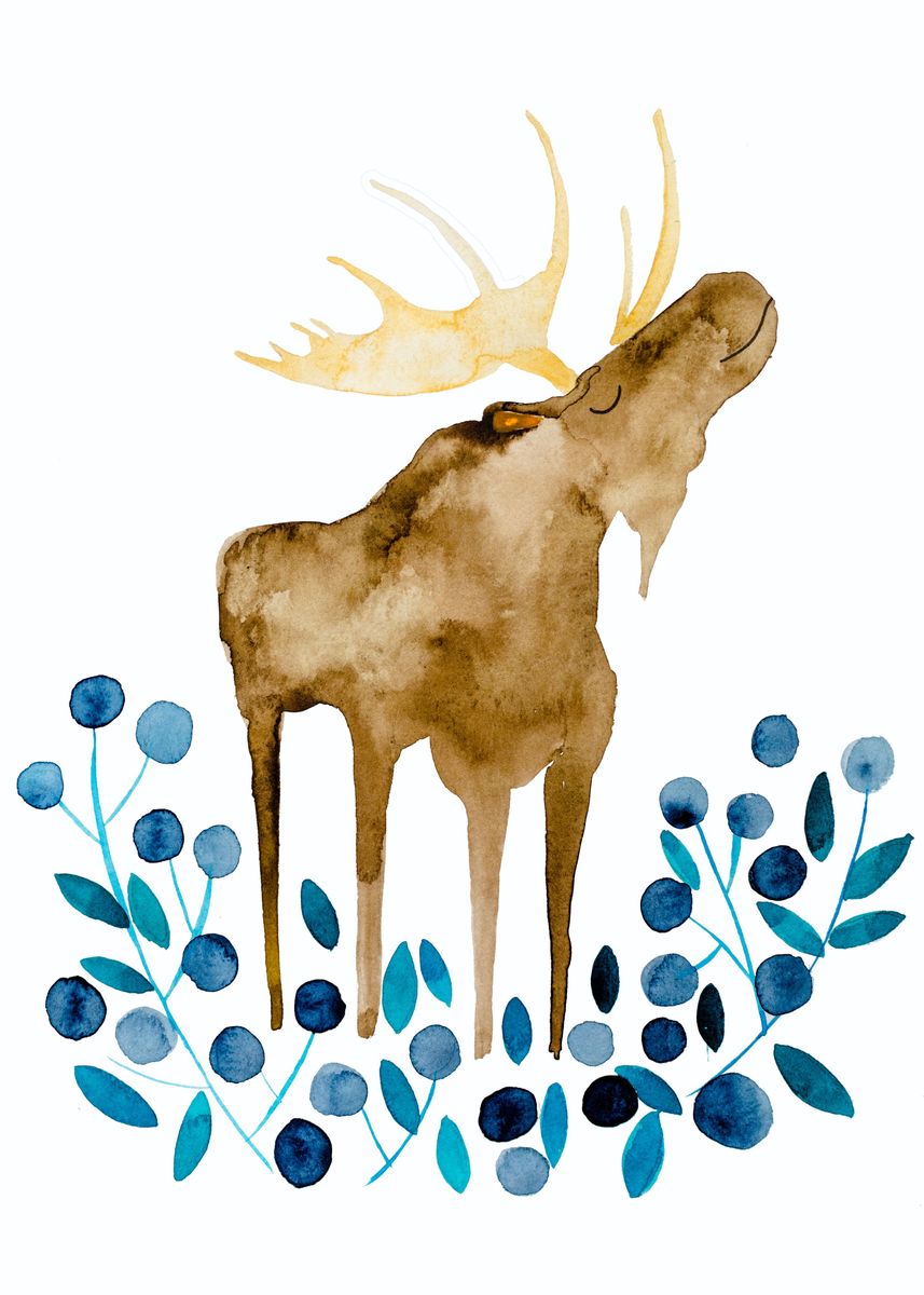 'Moose and blueberries ' Poster, picture, metal print, paint by ...