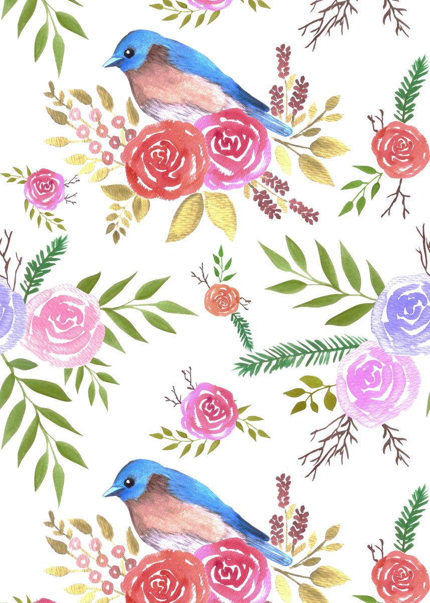 'Bluebird and roses' Poster, picture, metal print, paint by Shawlin I ...