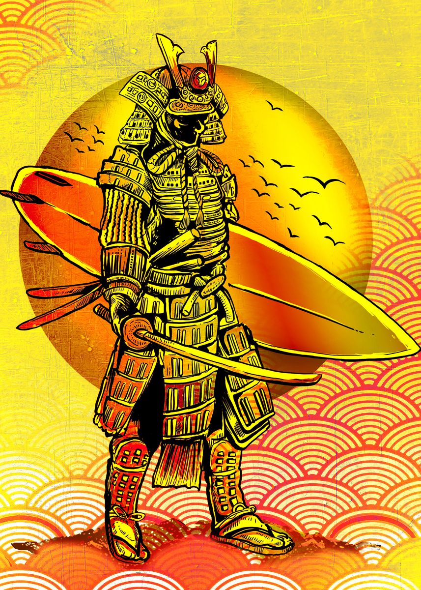 ' Samurai Surfer' Poster, picture, metal print, paint by М Dam | Displate