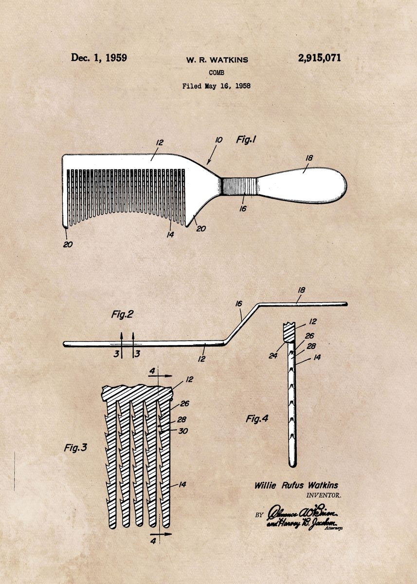'patent Watkins Comb 1958' Poster, picture, metal print, paint by ...