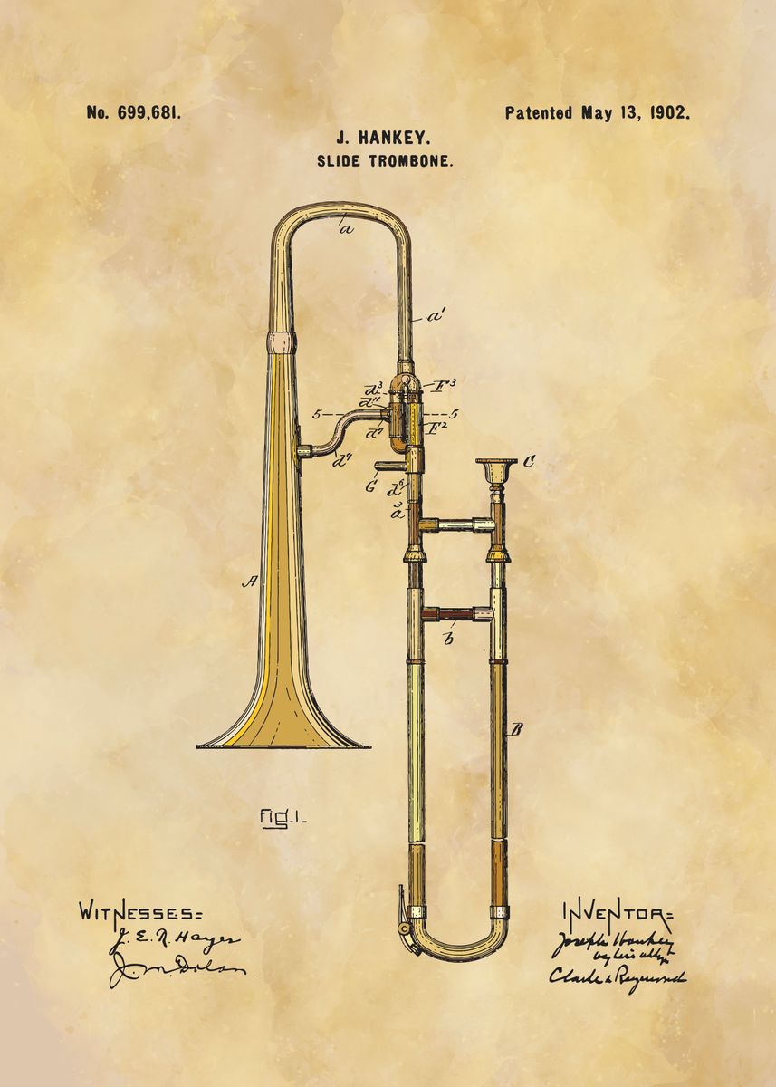 'Patent Trombone Bronze' Poster, picture, metal print, paint by ...