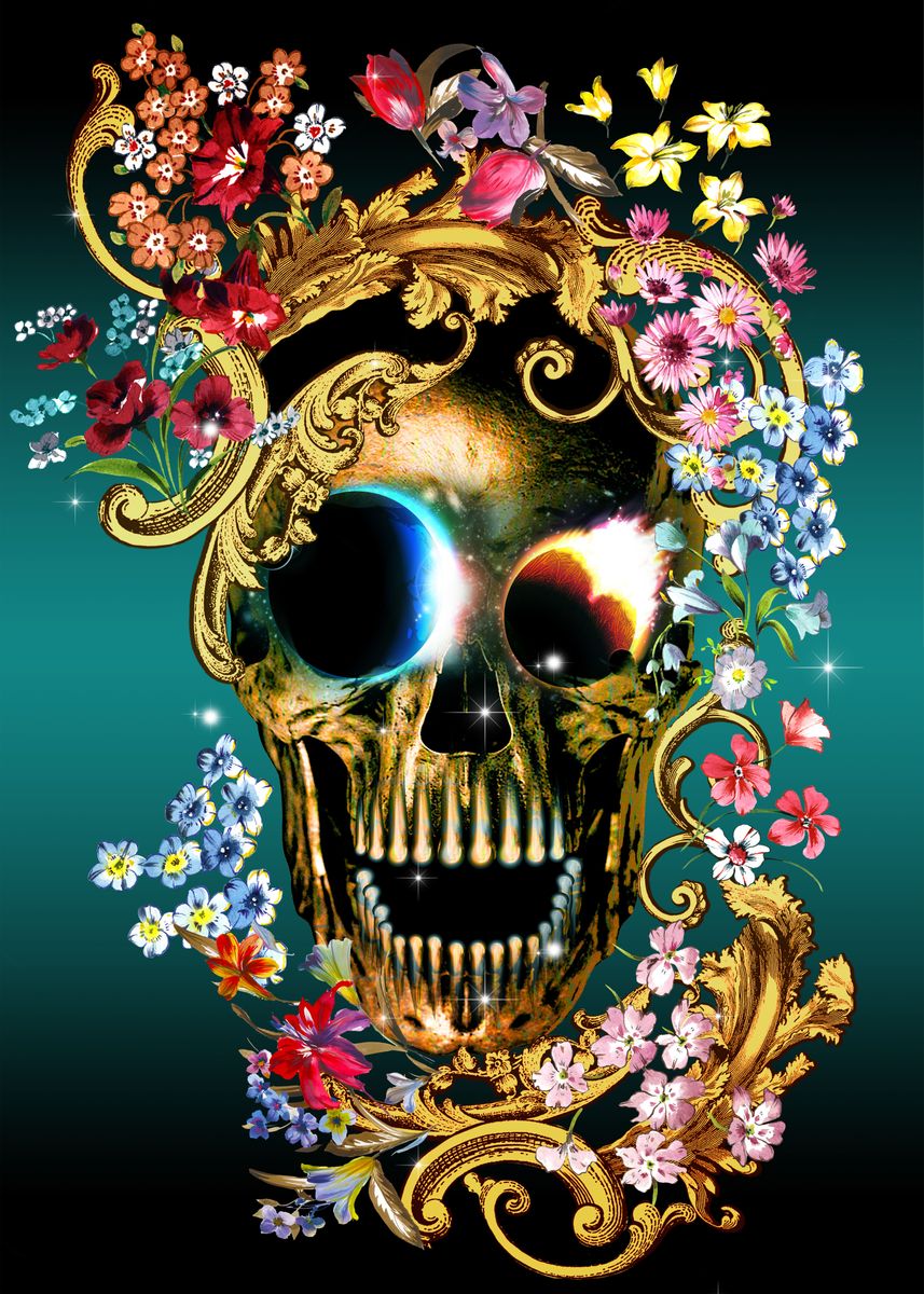 'Golden Skull' Poster, picture, metal print, paint by RoseJoy | Displate