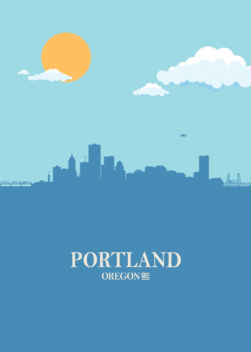 'Portland City Skyline Blue' Poster, picture, metal print, paint by ...