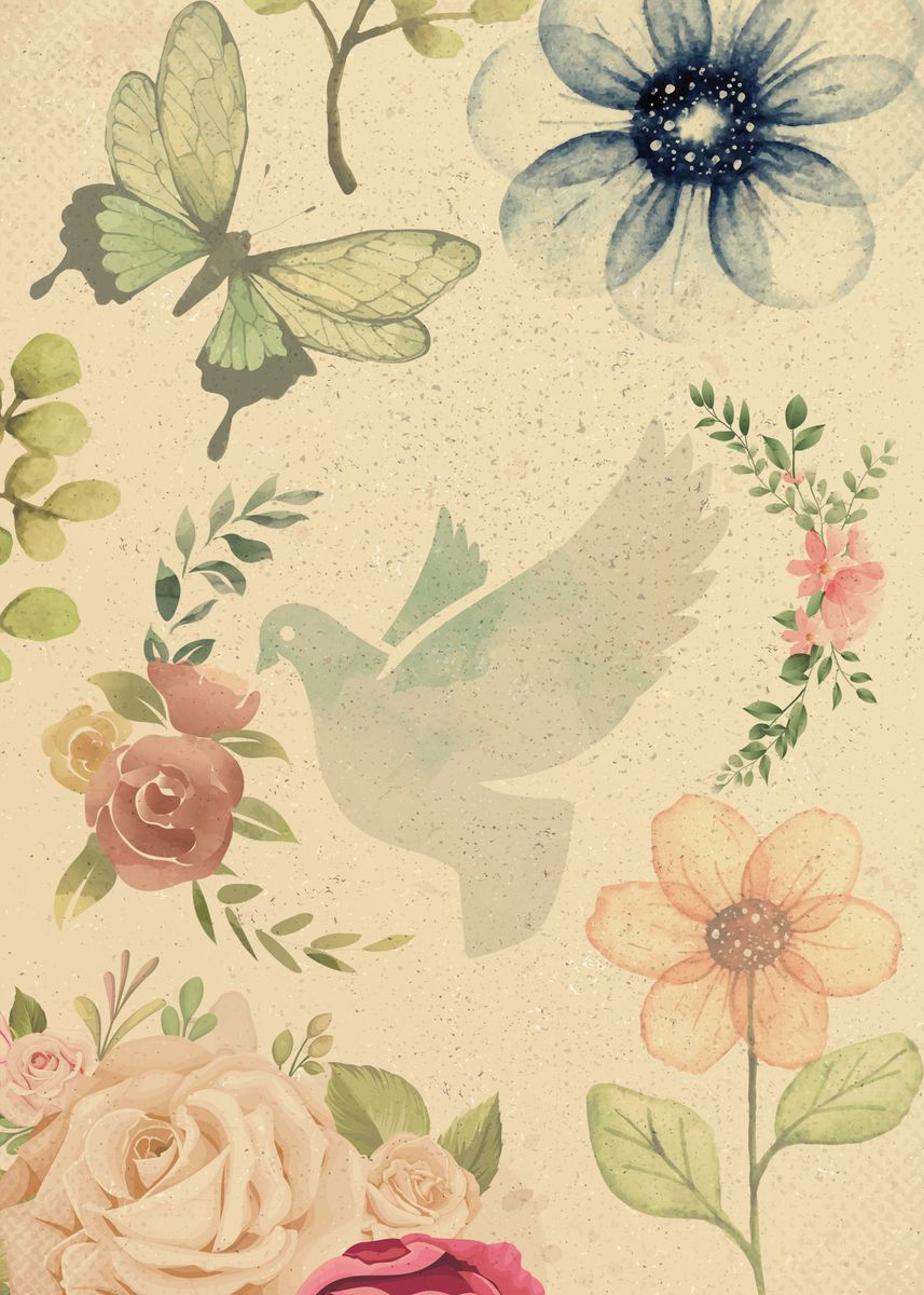 'classic pigeon on floral' Poster, picture, metal print, paint by dam ...