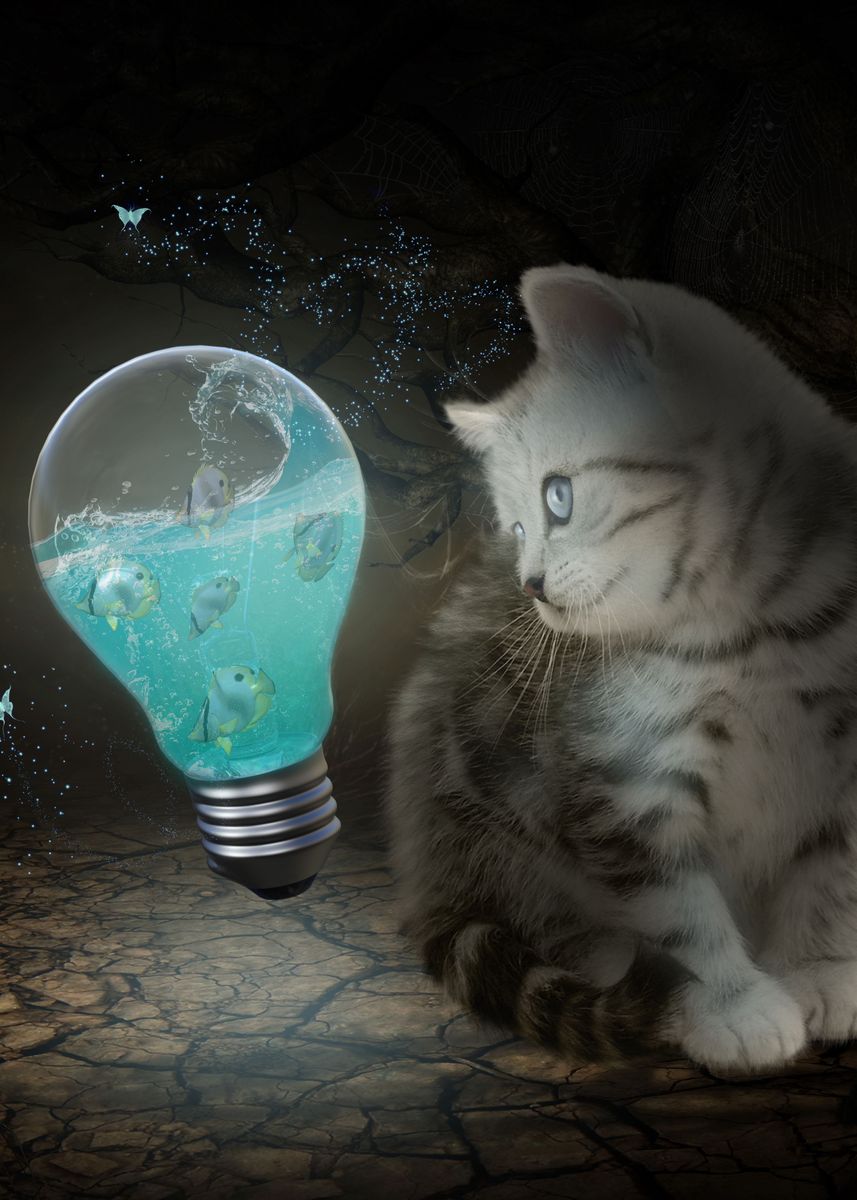 'Light bulb with kitten' Poster, picture, metal print, paint by Heike ...