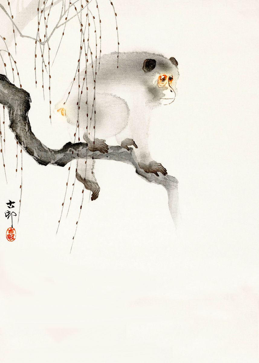 'Monkey on tree woodblock' Poster by Makanaki | Displate